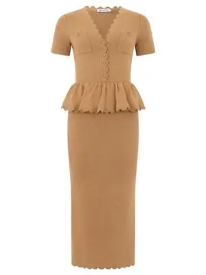 SELF-PORTRAIT Scalloped Peplum Midi Dress - Camel