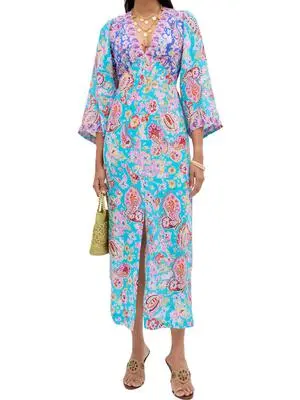 Rixo Long Sleeve V-neck Maxi Dress With Front Slit - Multicolor
