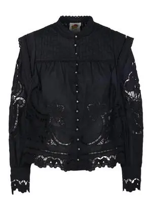 Farm Rio Broderie Anglaise Puff Sleeve Blouse - Black