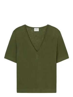 Closed V-neck Short-sleeve Sweater - Green
