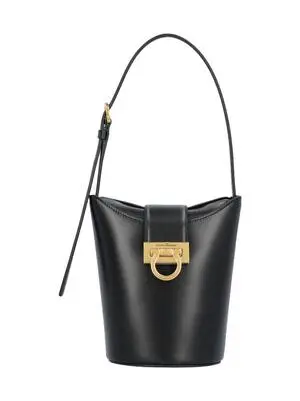 FERRAGAMO Trifolio Logo Plaque Bucket Bag - Black