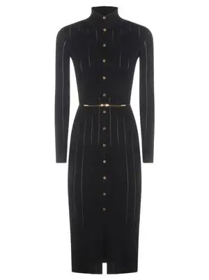 Elisabetta Franchi Openwork Knit High Neck Belted Dress - Black