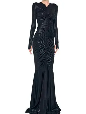 Norma Kamali Long-sleeve Ruched Fishtail Maxi Dress - Black