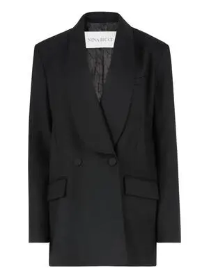 NINA RICCI Nina Ricci Black Wool Gabardine Double-Breasted Blazer With Shawl Collar