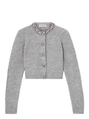 SELF-PORTRAIT Self-Portrait Crystal-Embellished Ribbed-Knit Cardigan