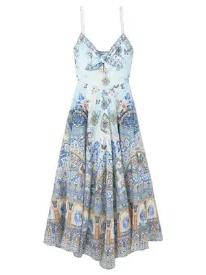 Camilla Embellished Printed Linen Midi Dress - Blue
