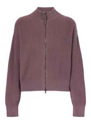 Brunello Cucinelli Ribbed Cotton Zip-up Turtleneck Cardigan - Wine Red