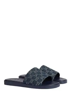 Gucci Monogrammed Slide Sandals - Dark Blue And White