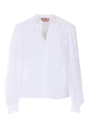 TWINSET Broderie V-neck Long Sleeve Top - White
