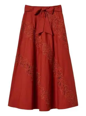 TWINSET Long Poplin And Broderie Anglaise Skirt - Red