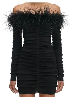 SELF-PORTRAIT Self-Portrait Feather Trim Off-Shoulder Mini Dress