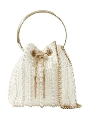 JIMMY CHOO Imitation Pearl Embellished Bucket Bag - White