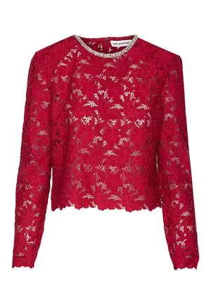 SELF-PORTRAIT Lace Embellished Top With Round Neck - Red