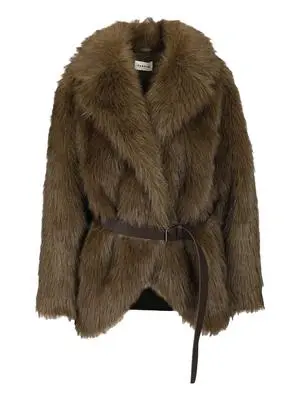 P.a.r.o.s.h Belted Faux Fur Lapel Collar Jacket - Green