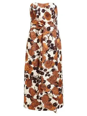 Essentiel Antwerp Floral Strapless Dress With Belted Waist - Brown