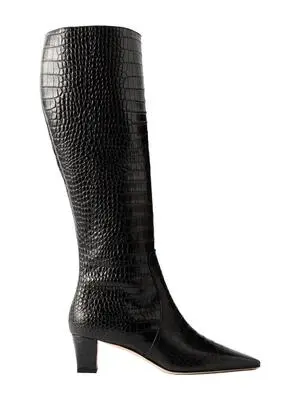 Manolo Blahnik Knee High Croc-effect Leather Boots - Black