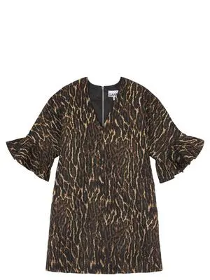 GANNI Metallic Jacquard Mini Dress With Ruffled Sleeves - Bronze