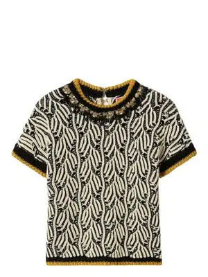 La DoubleJ Embellished Collar Patterned Top - Navy Blue And Off-white