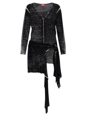 DIESEL® Tie-detailed Asymmetrical Ribbed V-neck Dress - Black