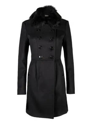 Burberry Double Breasted Overcoat With Fur Collar - Black