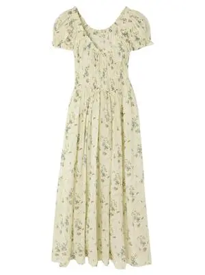 DÔEN Floral Print Cotton Voile Midi Dress - Nude