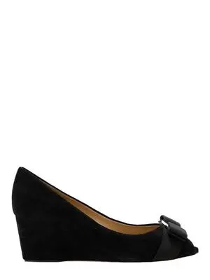 FERRAGAMO Suede Bow Wedge Heels - Black