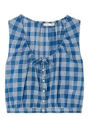 DÔEN Theo Cropped Checked Organic Cotton Top - Blue