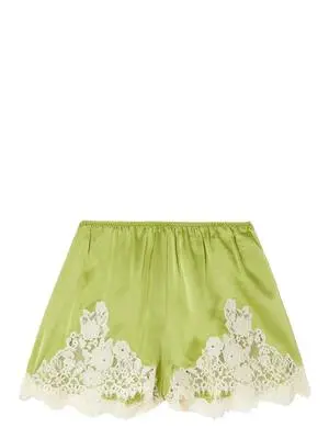 DÔEN Paneled Silk-satin Shorts With Lace Trim - Green