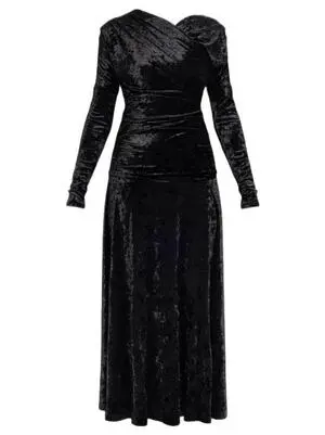 GANNI Long Sleeved Pleated Velvet Maxi Dress - Black