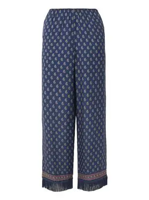 DÔEN DOEN Paisley Print Silk Straight-Leg Pants With Fringe Detail Blue