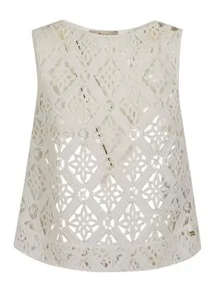 Herno Crochet Sleeveless Top With Curved Hem - White