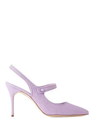 MANOLO BLAHNIK Manolo Blahnik Leather-Trimmed Raffia Mary Jane Slingback Pumps