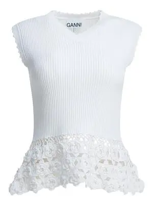 GANNI GANNI Knit V-Neck Top With Crochet Hem White