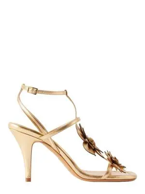 Zimmermann Metallic Leather Stiletto Sandals With Floral Embellishment - Nude