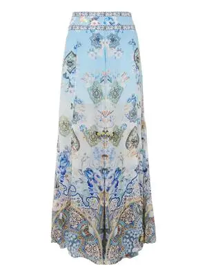 Camilla Al Manial Palace Embellished Printed Silk-crepon Wide Leg Pants - Blue
