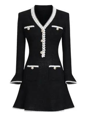SELF-PORTRAIT Knitted A-line Mini Dress With Lace Trims - Black