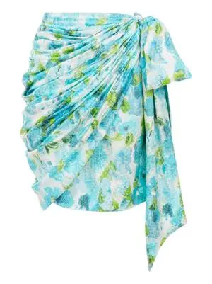 Chloé Draped Wrap Skirt With Floral Print And Bow Detail - Blue