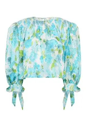 Chloé Smocked Floral Tie-sleeve Top - Blue