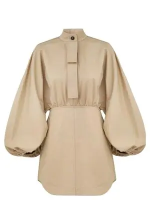 Zimmermann Rebellion Drawn Mini Dress With High Neck And Drawstring Sleeves - Beige