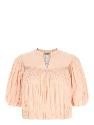 TWINSET Crinkled Lace Trim Puff Sleeve Blouse - Nude