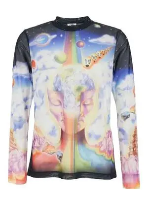 Casablanca Printed Lace Neck Top - Multicolor