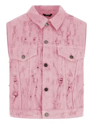 HAIKURE Distressed Denim Vest Jacket - Pink