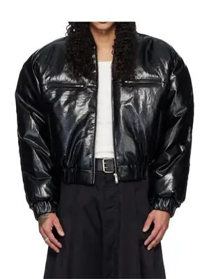 LU'U DAN Long-sleeved Faux Leather Bomber Jacket - Black