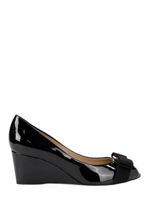 FERRAGAMO Patent Leather Open-toe Wedge Sandals With Bow Detailing - Black