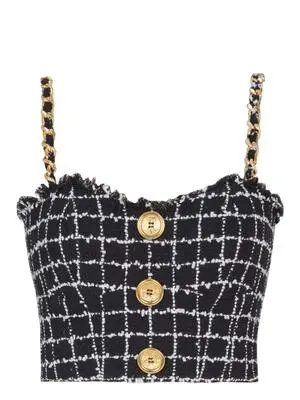 Balmain Tweed Cropped Top With Chain Straps - Black
