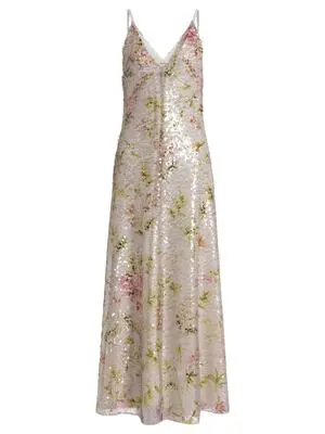 Alberta Ferretti Sequined Floral Maxi Dress - Nude