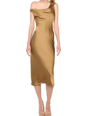 Norma Kamali Norma Kamali Drop Shoulder Floral Embellished Dress Camel