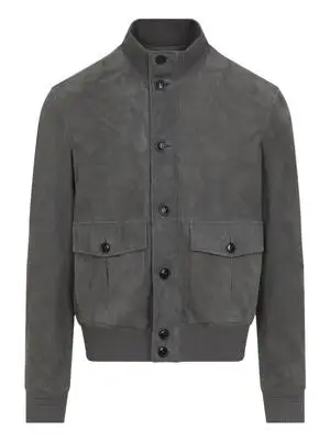 Zegna Leather Jacket With Stand Collar - Black