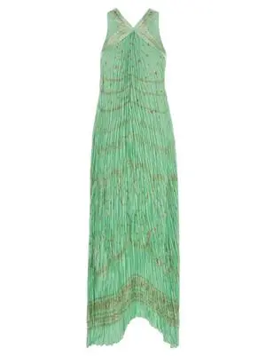 Alberta Ferretti Pleated Embellished Halterneck Maxi Dress - Green