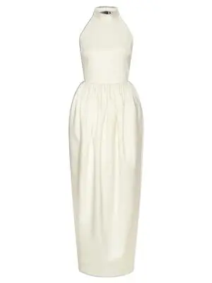 ROTATE BY BIRGER CHRISTENSEN Halterneck Satin Maxi Dress With Mandarin Collar And Open Back - White
